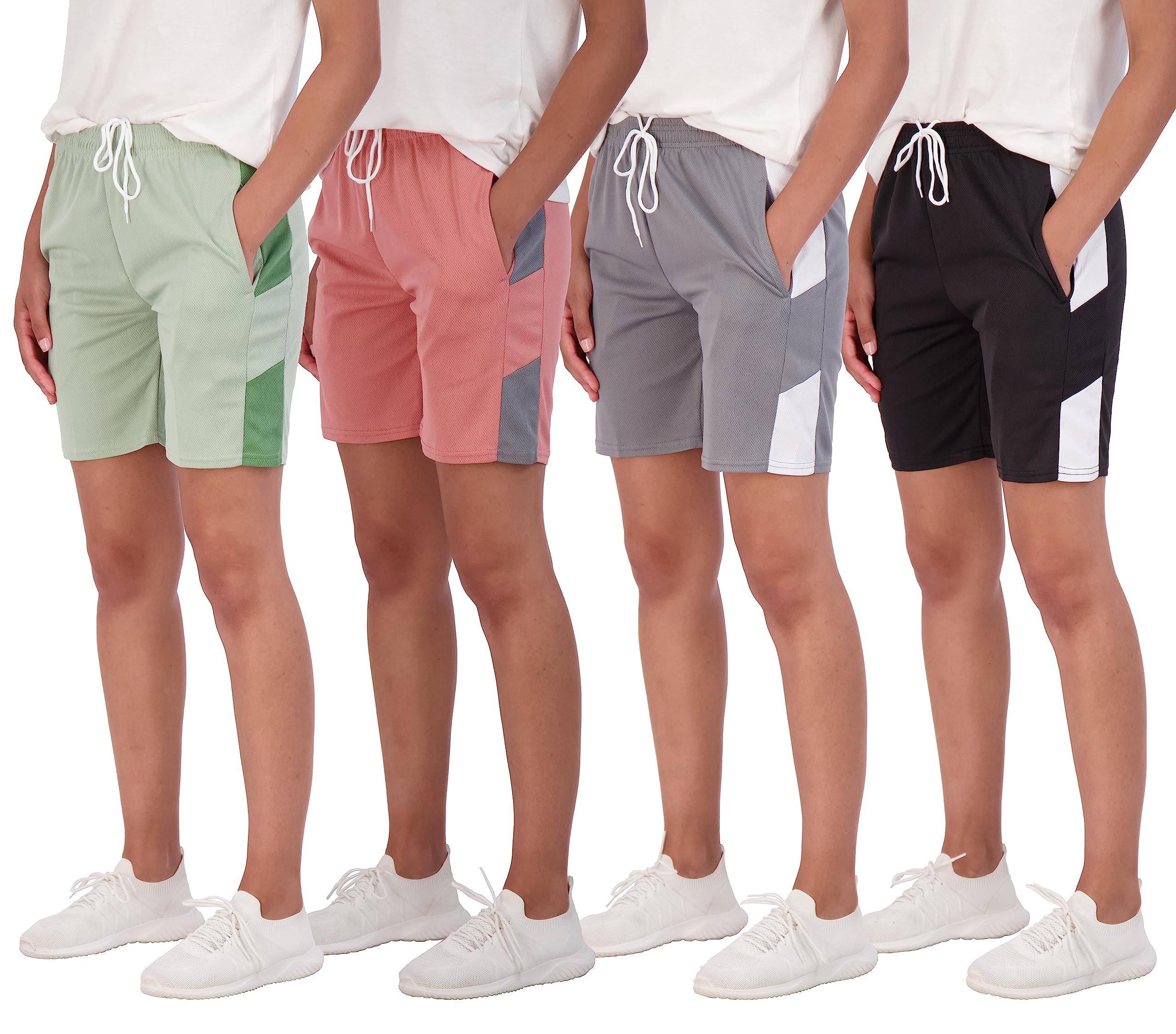 4-Pack: Womens Bermuda Active Athletic Dry Fit Womans Shorts for Women Knee Length Casual Sweat Summer Exercise High Waisted Pull on Pockets Running Sport Short Workout Gym Lounge Casual - Set 1, L