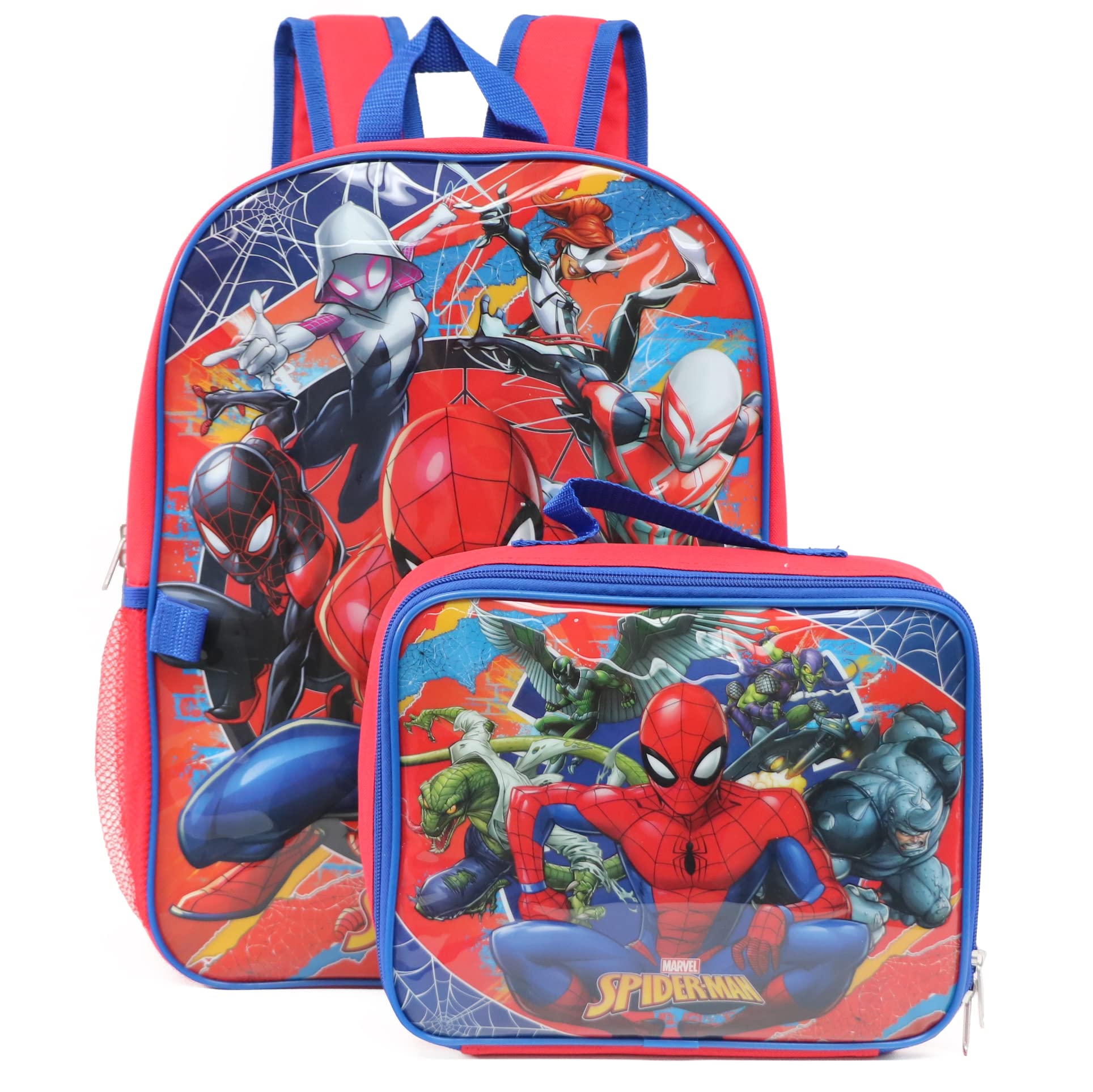Ruz Spiderman Boys 16 Inch Backpack With Removable Matching Lunch Box Set (Red-Blue)