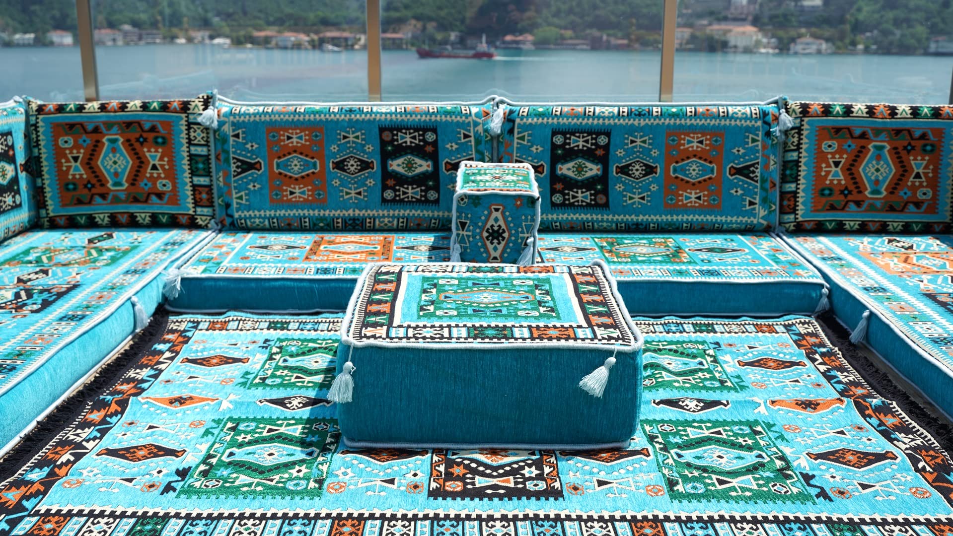 Light Blue Floor Seating Set, Corner Floor Sofa Set, Arabic Majlis, U Shaped Arabic Sofa Set, Sectional Sofas, Floor Cushions, Arabic Jalsa (U Sofa Full Set)