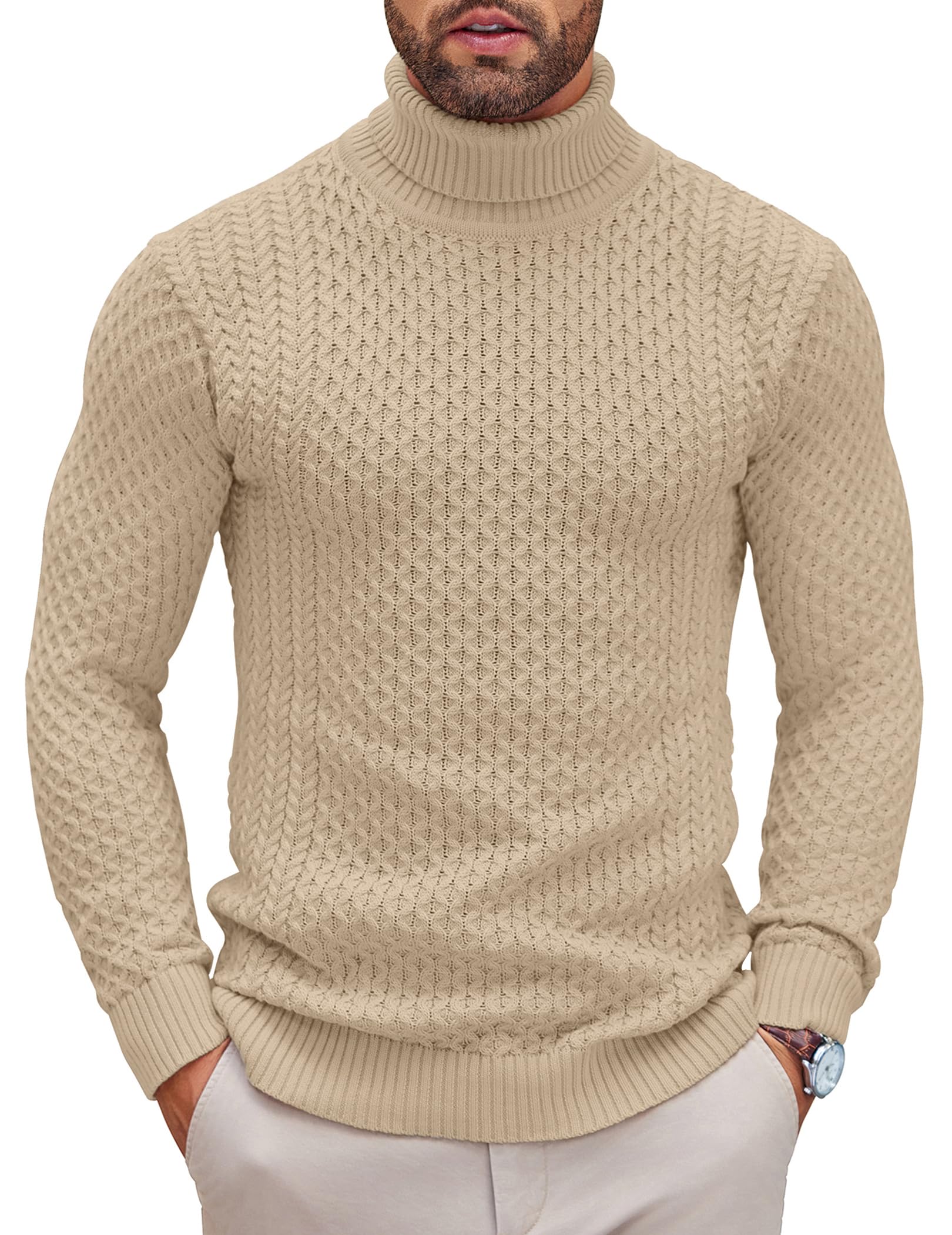 COOFANDY Men's Slim Fit Turtleneck Sweater Casual Knitted Twisted Pullover Solid Sweaters Khaki