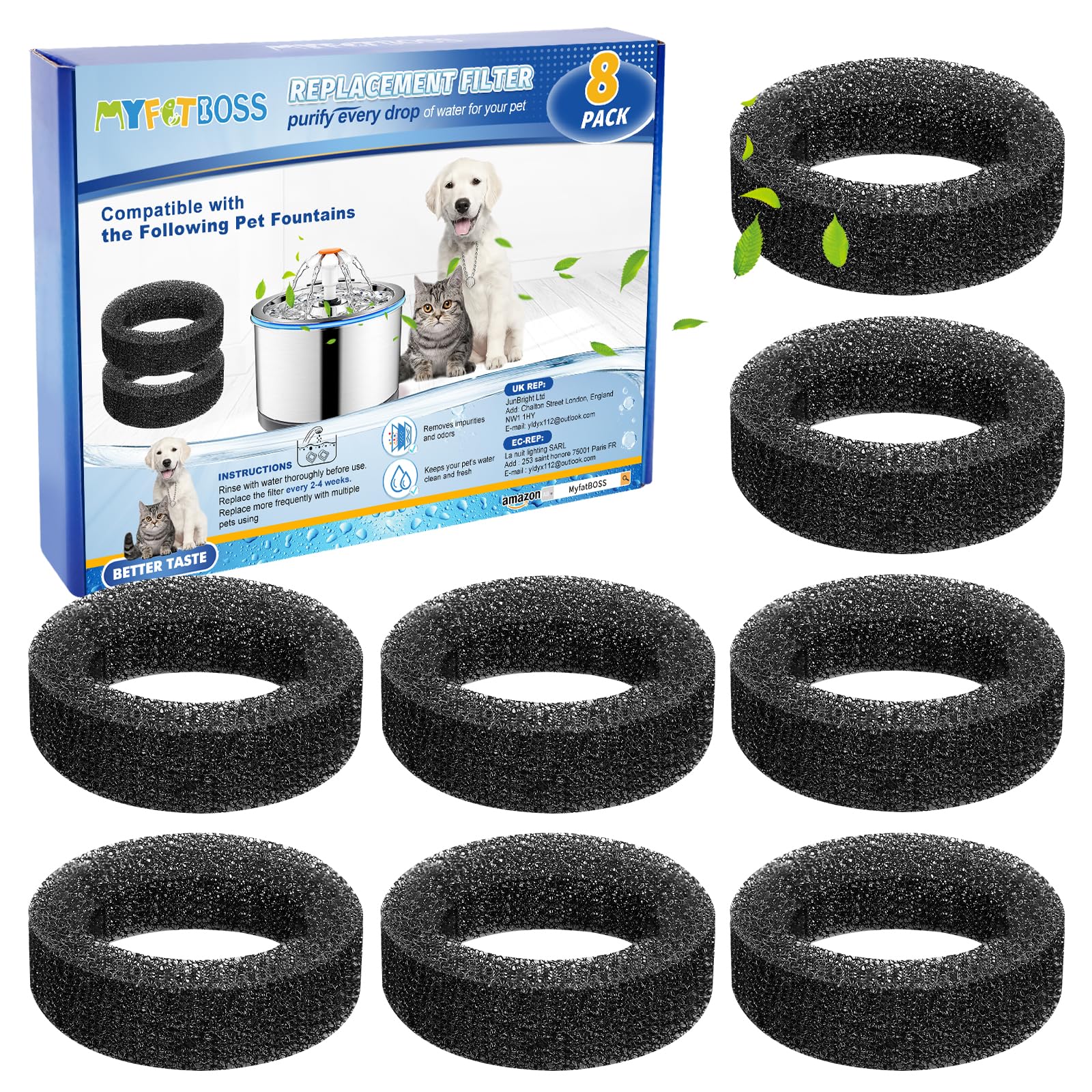 8 Pack Foam Filters for Cat Water Fountain, Pet Fountain Filter Pet Water Round Filter Foam for Cat Drink Fountain 84oz/2.5L & 108oz/3.2L Pet Fountain Automatic Drinking Water Dispenser