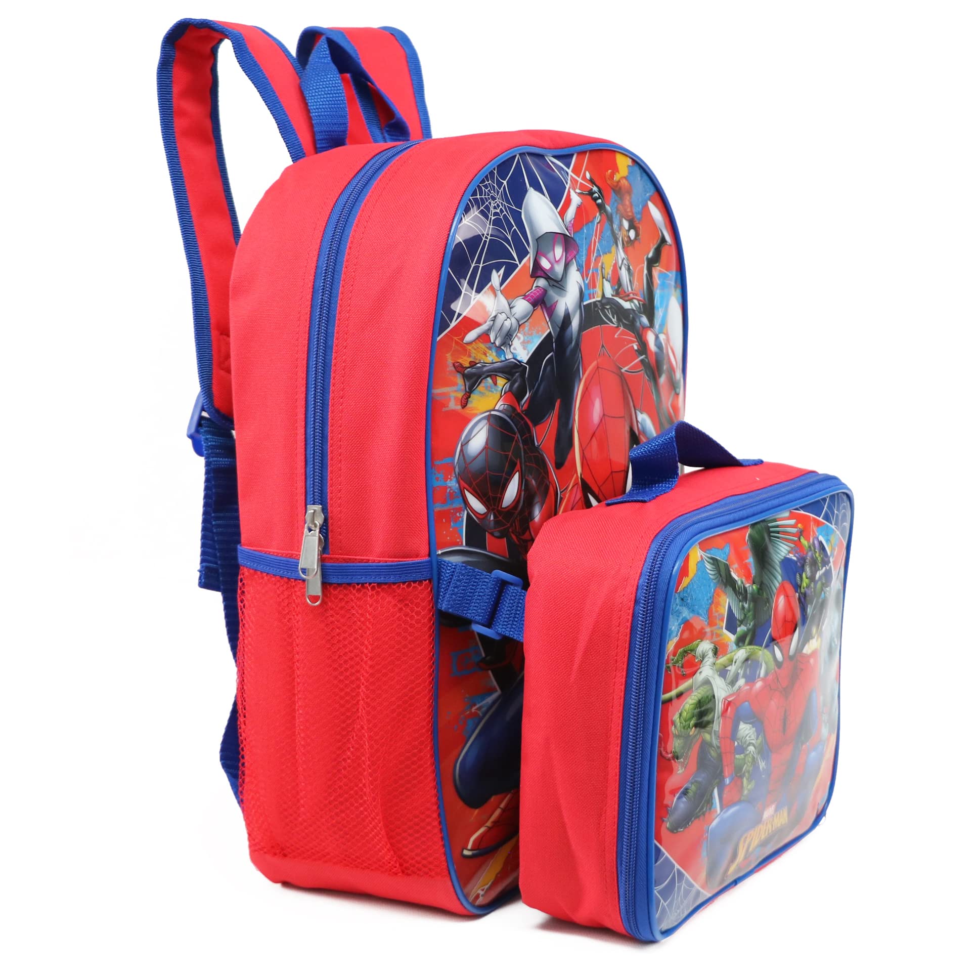 Ruz Spiderman Boys 16 Inch Backpack With Removable Matching Lunch Box Set (Red-Blue)