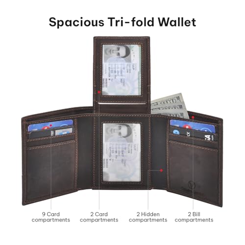 VALENCHI Leather Trifold Wallet For Men - RFID Blocking - 9 Card Slots, 2 Note Compartments & 1 ID Window - Minimalist Design, Slim Wallet - Premium, Fashionable Accessory Gifts for Men, Him