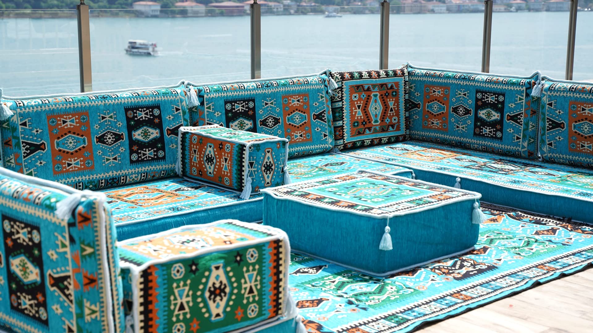 Light Blue Floor Seating Set, Corner Floor Sofa Set, Arabic Majlis, U Shaped Arabic Sofa Set, Sectional Sofas, Floor Cushions, Arabic Jalsa (U Sofa Full Set)
