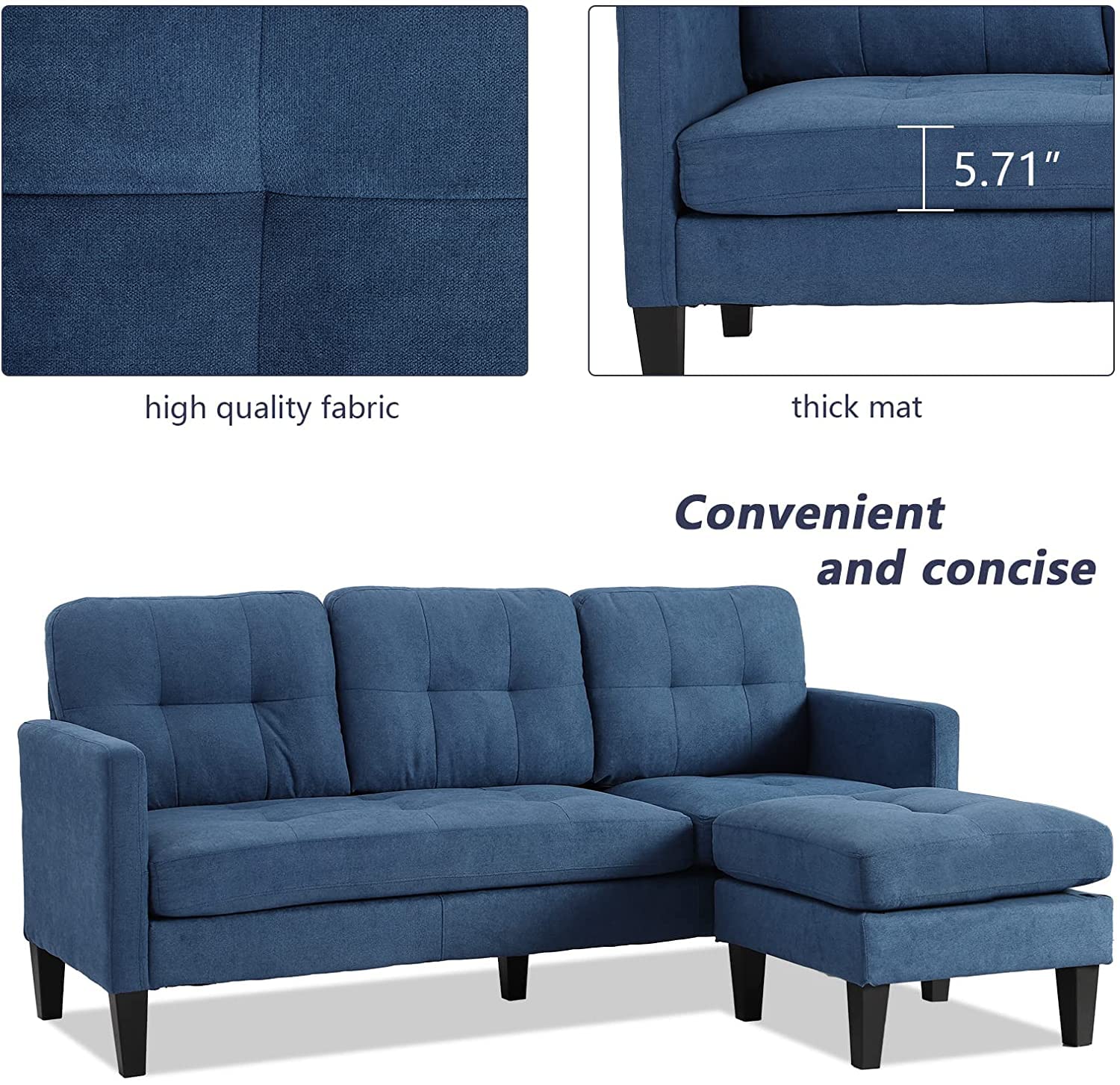 Grepatio Convertible Sectional Sofa Couch, L-Shaped Couch with Modern Linen Fabric for Small Space (Blue)