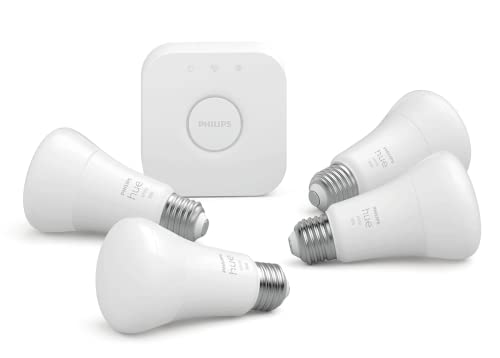 Philips Hue 4-Pack Soft White A19 E26 Dimmable Only Smart Bulb Starter Kit with Hub (Voice Compatible with Amazon Alexa, Apple Homekit and Google Home)