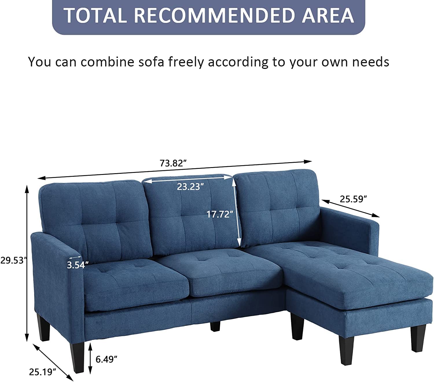 Grepatio Convertible Sectional Sofa Couch, L-Shaped Couch with Modern Linen Fabric for Small Space (Blue)