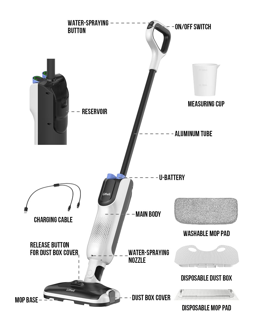 LiTHELi Cordless Vacuum Mop Cleaner, 2-in-1 Hard Floor Stick Vacuum, Wet Dry Mop, 2 Disposable Dust Boxes, 14 Disposable Pads & 1 Washable Pad, 2 Swappable 4000mAh Batteries