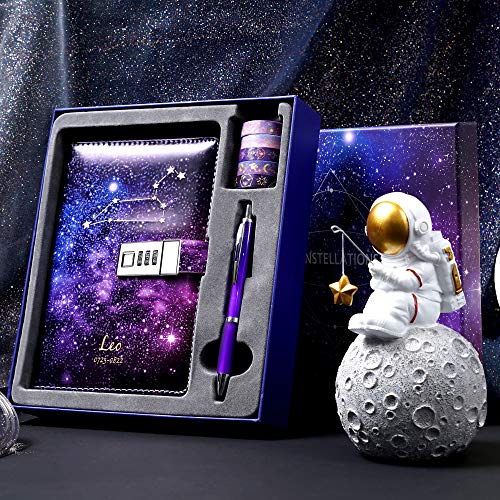 CAGIE Starry Constellation Lock Diary Set Gift Box with Pen & Tapes for Kids Girls Boys Women Combination Lock Journal Notebook Best Luxury Travel Writing Diary for Anniversary Birthday Holiday (Leo)
