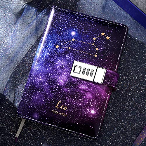 CAGIE Starry Constellation Lock Diary Set Gift Box with Pen & Tapes for Kids Girls Boys Women Combination Lock Journal Notebook Best Luxury Travel Writing Diary for Anniversary Birthday Holiday (Leo)