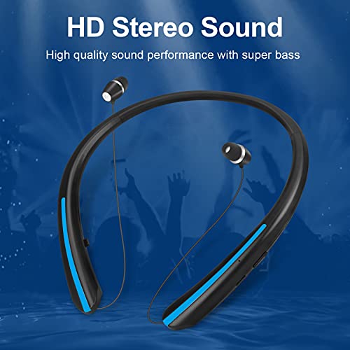 Bluetooth Headphones Retractable, Wireless Neckband Headset with Sweatproof Stereo Earbuds CVC 8.0 Noise Cancelling Call Vibrate Alert Earphones (Blue)