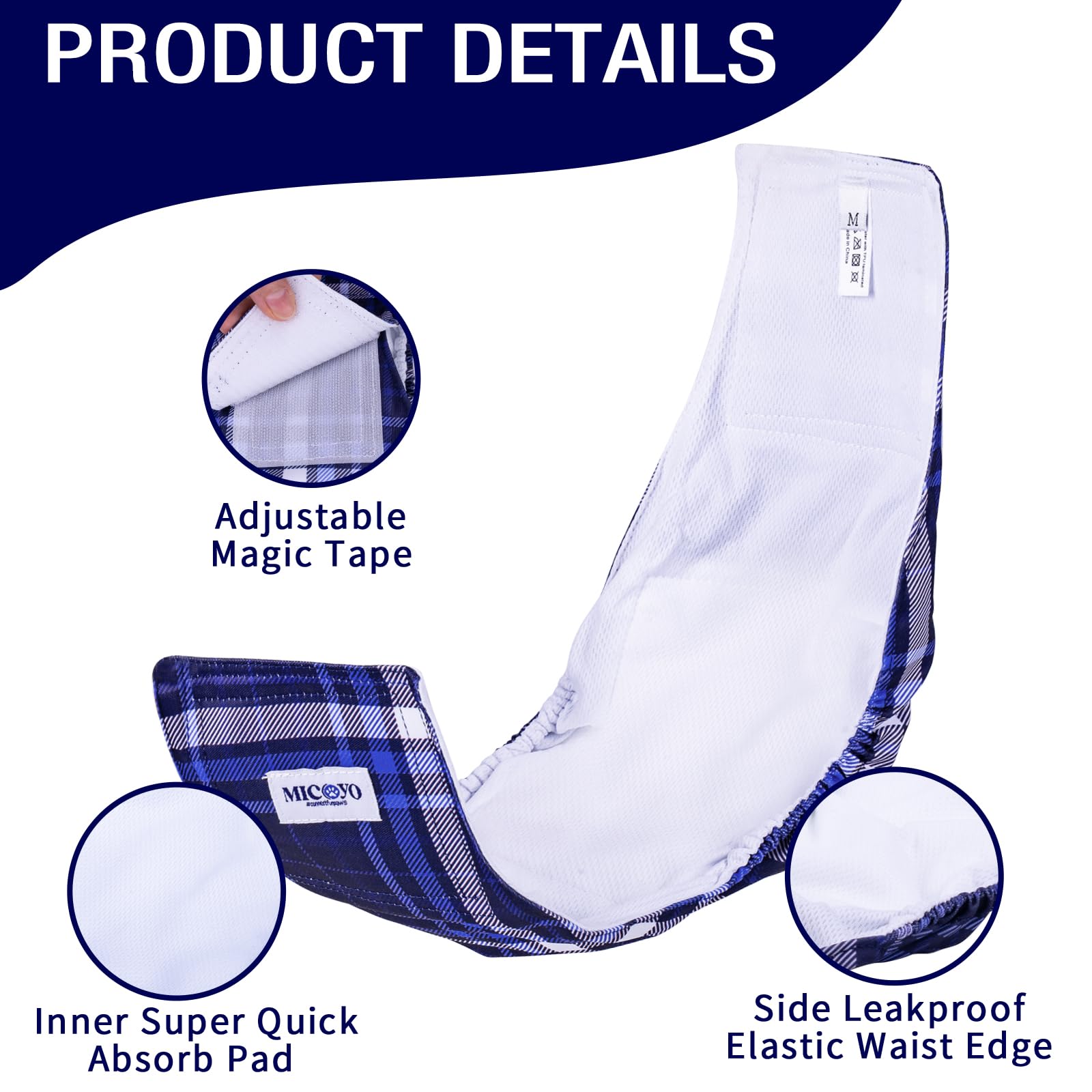 MICOOYO Washable Belly Bands for Male Dogs | Reusable Doggie Diapers | Absorbent Doggy Wraps with Adjustable Fastener - XSmall (Pack of 3, Plaid Red & Blue & Grey)