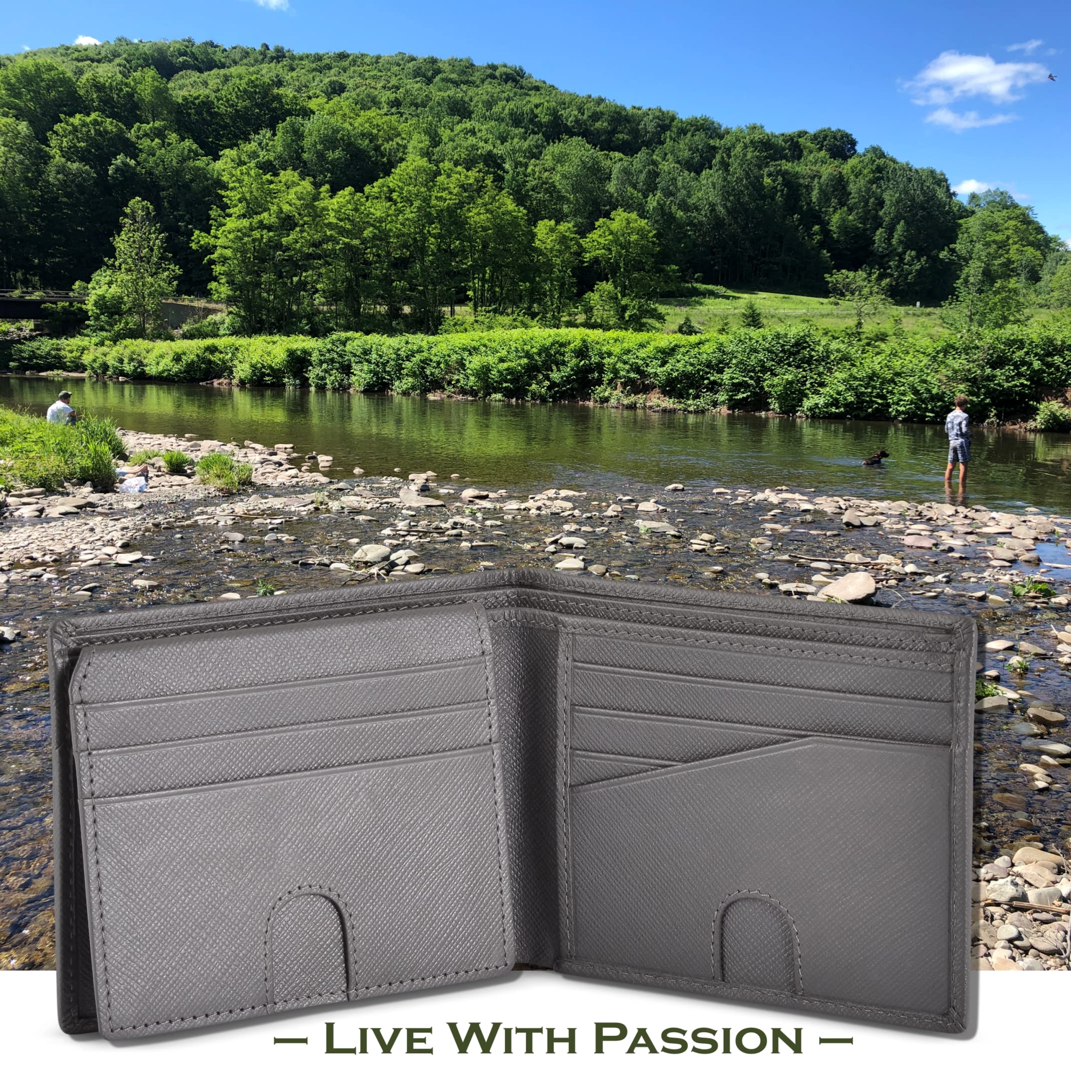 BULLGUARD Mens RFID Blocking Wallet Bifold with Flip Up ID in Saffiano Grey Genuine Leather