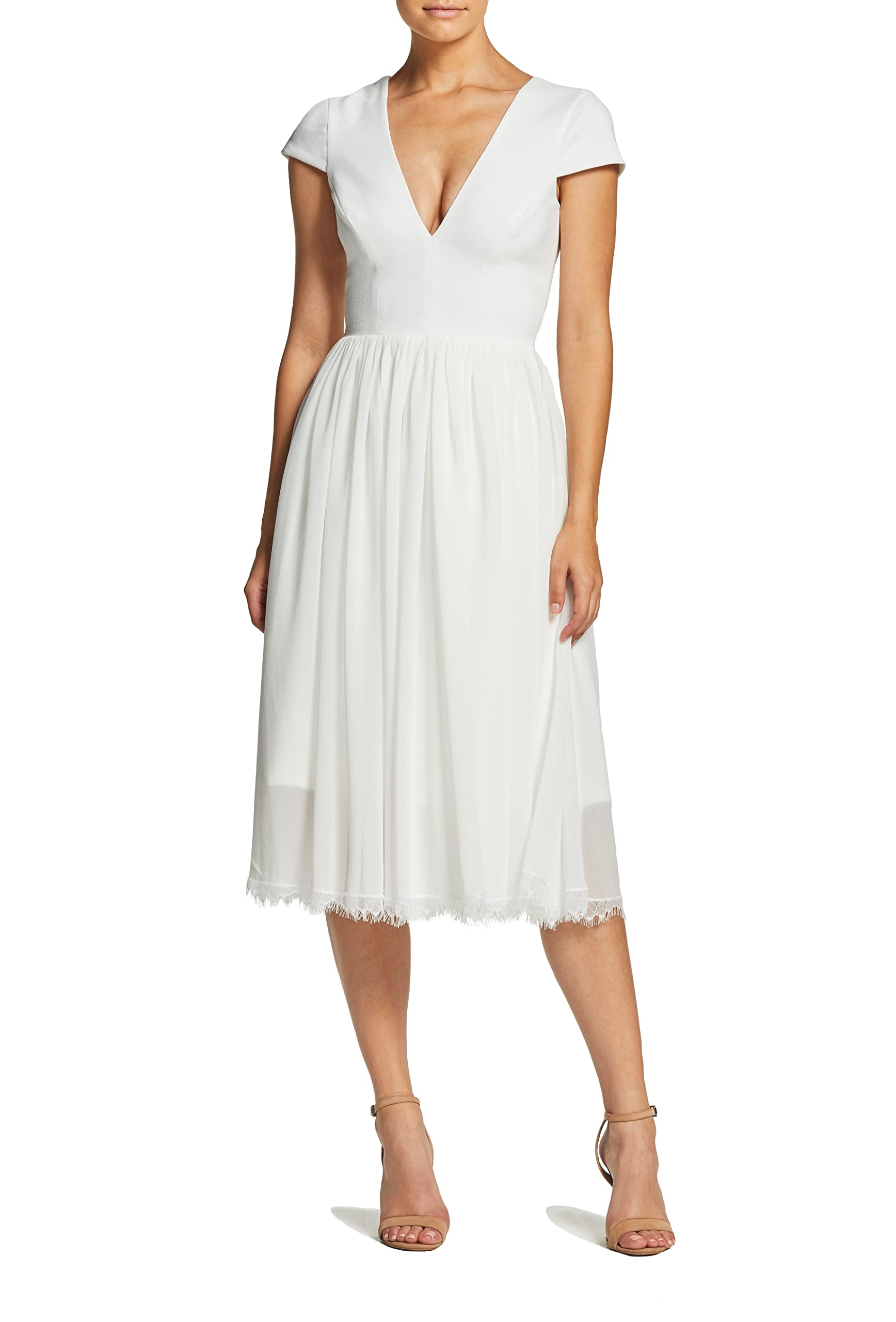 Dress the Population Women's Corey Plunging Mix Media Cap Sleeve A-LINE MIDI Dress Dress, Off White - Corey, xs