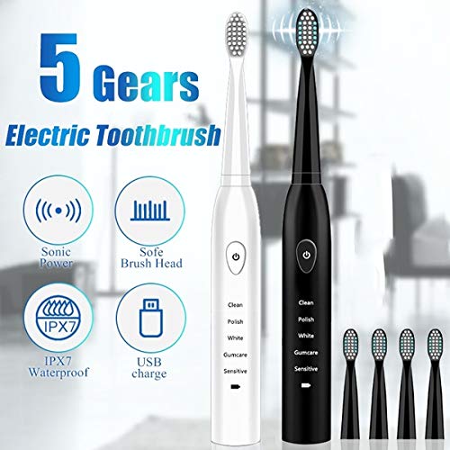 RED-NI RED-NI Sonic Electric Toothbrush, 4 Free Replacement Heads Included as Gifts Ideal for Adult Children and Couples Use USB Fast Charging Waterproof Toothbrush,Model: ET201 (White)