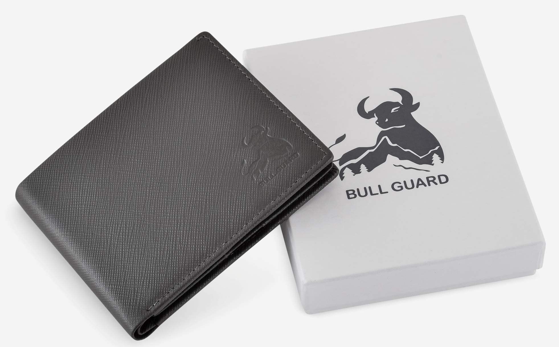 BULLGUARD Mens RFID Blocking Wallet Bifold with Flip Up ID in Saffiano Grey Genuine Leather