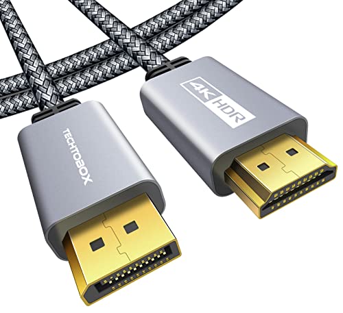 TECHTOBOX DisplayPort to HDMI Cable Adapter 6.6FT [4K@60Hz,2K@144Hz,2K@120Hz] [Nylon Braided,High Speed] Uni-Directional DP 1.2 to HDMI 2.0 Cord Compatible with HP,Lenovo,Dell,AMD,NVIDIA and More