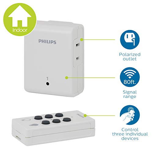 Philips Indoor Lighting Control with Wireless Remote Switch, 3 Receivers, ON/OFF Control, 1 Polarized Outlet Each, 80ft. Signal, Ideal for Lamps, Seasonal Lighting, LED, SPC1235AT/27