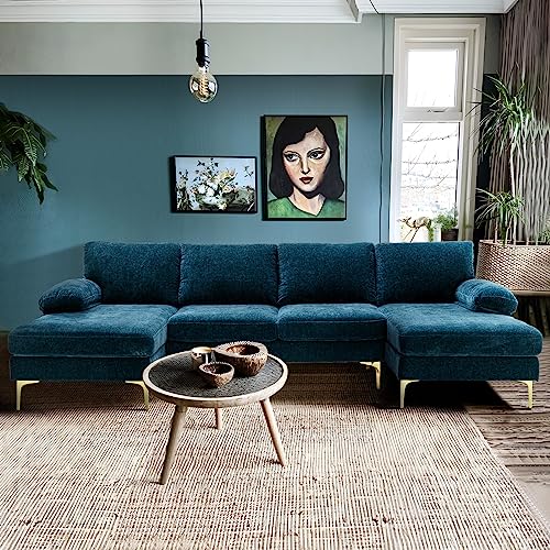 U-Shaped Sectional Sofa Comfy Couch for Living Room Set, 110 inches Wide Modern Large 4-Seat Couch Convertible Soft Velvet Couch Set with Double Chaise Lounge (Teal Blue, Chenille Fabric)