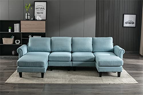 Sectional Sofa Set, Modern U-Shaped Convertible Sectional Couch with Chaise and Movable Ottoman, Velvet Upholstered Accent Sofa with Solid Wood Legs and Thick Cushion for Living Room (Light Blue)