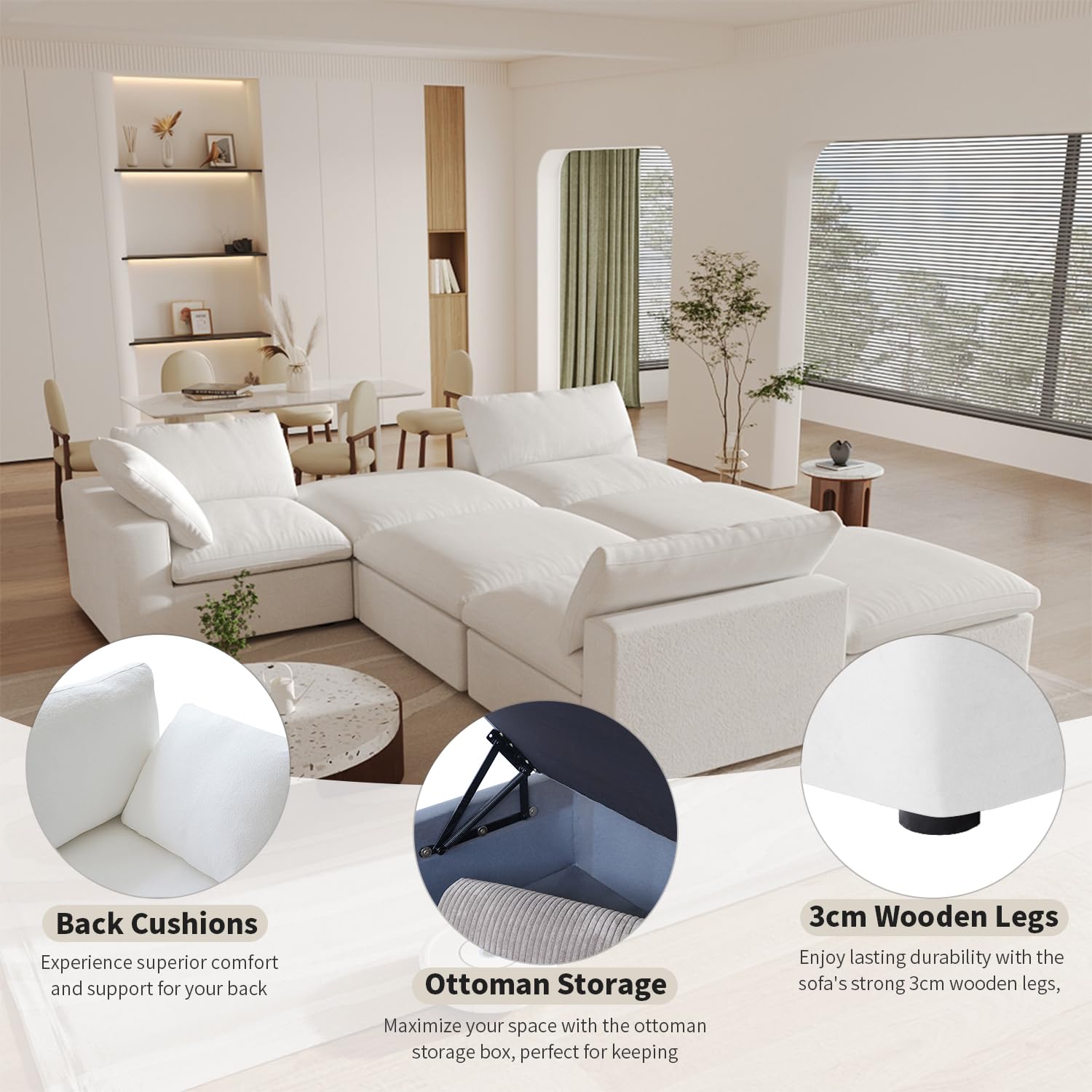 WJShome Cloud Modular Sectional Sofa with 2 Storage Ottomans,160.6" U Shaped Sofa Couch,Minimalist Wide Deep Seat Convertible CouchesSofa Covers Washable&Replaceable,White