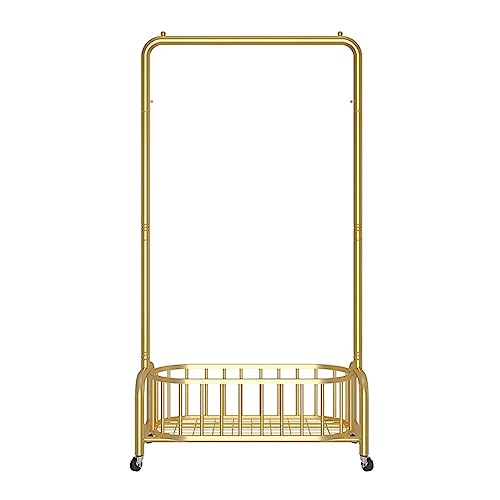 KDFWYDS Metal Coat Rack Stand with Basket Free Standing Garment Rail with 360° Wheels Clothes Rack for Hall, Entryway, Bathroom and Living Room (Color : Gold, Size : 60cm)