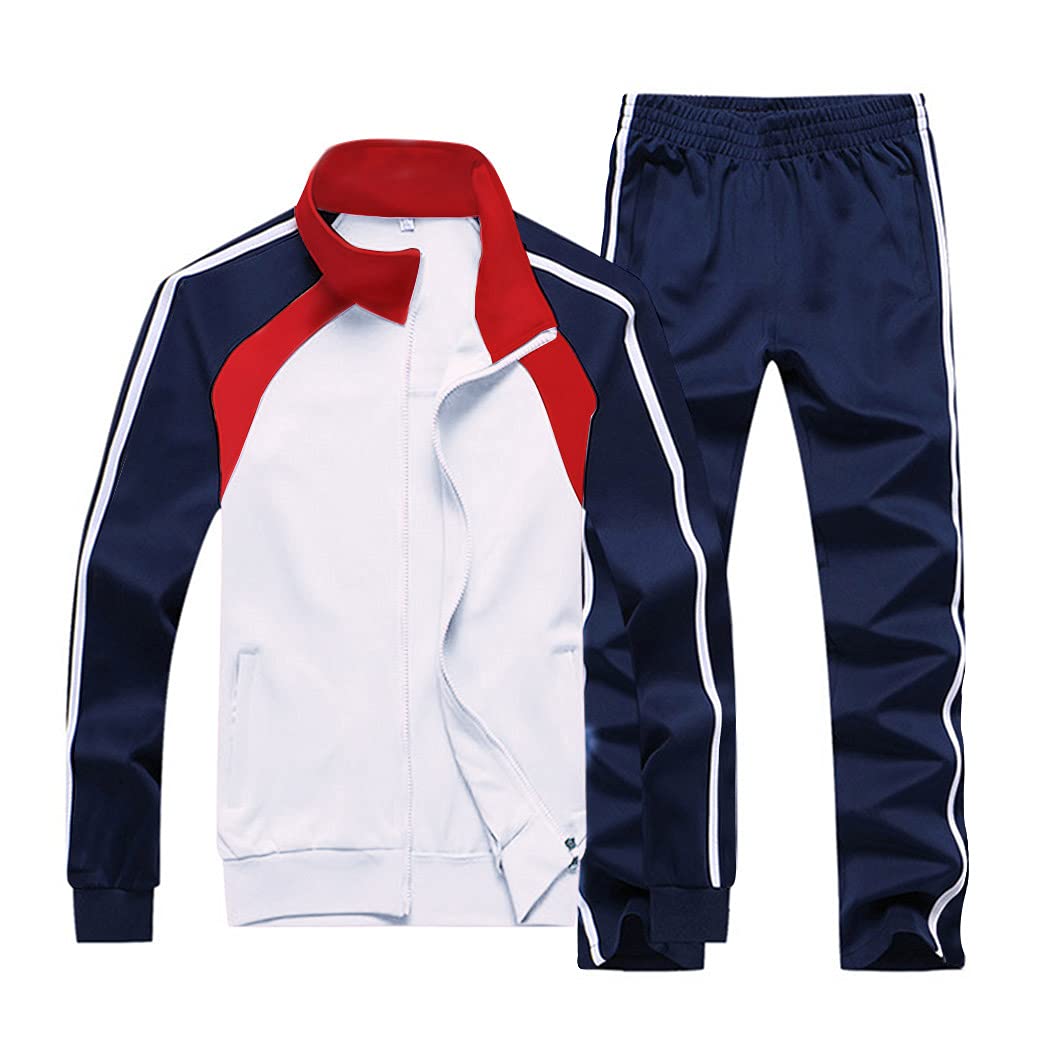 Sun Lorence Men's Athletic Running Tracksuit Set Casual Full Zip Jogging Sweat Suit White S