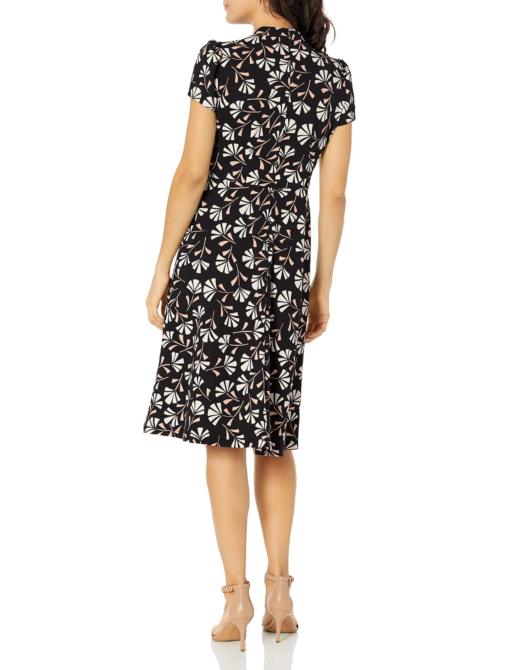 London Times Women's Petite Polished Crepe Tie Neck A-Line Dress, Black/Beige