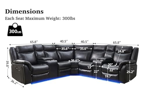 ELIASER Manual Reclining Sectional Sofa with LED Light Recliner Faux Leather L-Shaped Reclining Sectional Couch Recliner Sofa Cup Holder,USB Port,Storage Console,5 Seater for Living Room Black