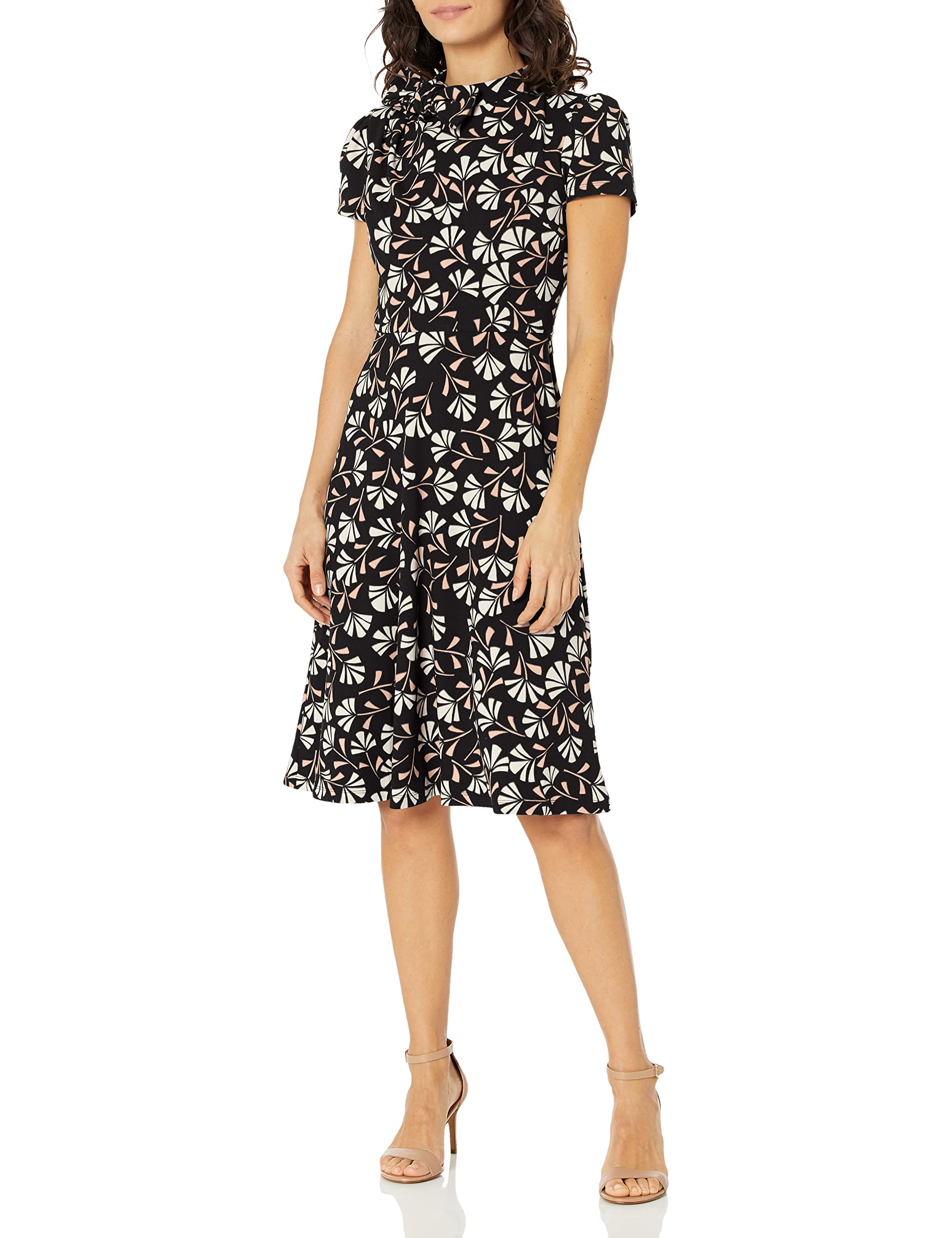 London Times Women's Petite Polished Crepe Tie Neck A-Line Dress, Black/Beige