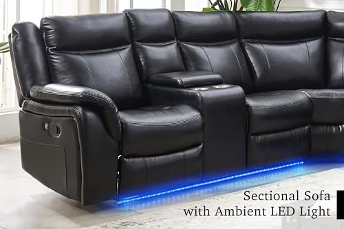 ELIASER Manual Reclining Sectional Sofa with LED Light Recliner Faux Leather L-Shaped Reclining Sectional Couch Recliner Sofa Cup Holder,USB Port,Storage Console,5 Seater for Living Room Black