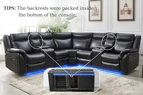 ELIASER Manual Reclining Sectional Sofa with LED Light Recliner Faux Leather L-Shaped Reclining Sectional Couch Recliner Sofa Cup Holder,USB Port,Storage Console,5 Seater for Living Room Black