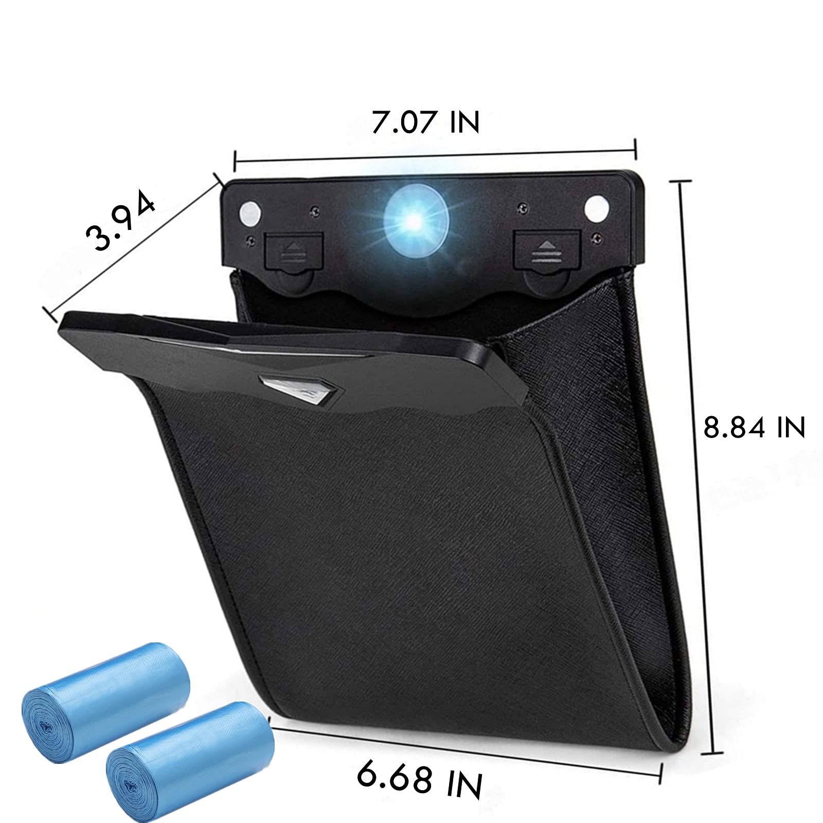 CREOMG Car Trash Bag, Superior PU Leather with LED Light and Magnet Closure Design, Bundle with Tissue Box and 30 Disposable Inner Garbage Bags, Waterproof Vehicle Rubbish Container Garbage Can