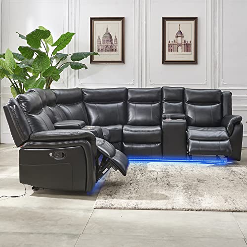 ELIASER Manual Reclining Sectional Sofa with LED Light Recliner Faux Leather L-Shaped Reclining Sectional Couch Recliner Sofa Cup Holder,USB Port,Storage Console,5 Seater for Living Room Black