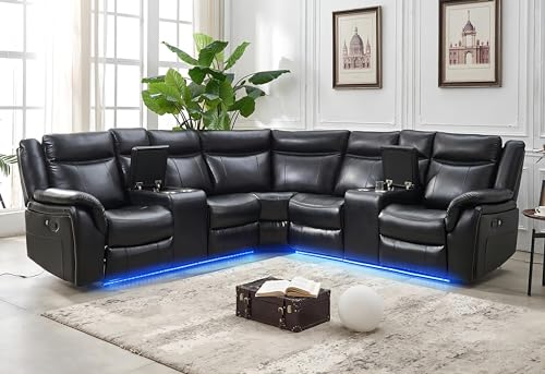 ELIASER Manual Reclining Sectional Sofa with LED Light Recliner Faux Leather L-Shaped Reclining Sectional Couch Recliner Sofa Cup Holder,USB Port,Storage Console,5 Seater for Living Room Black