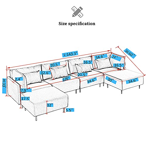Hommoo Modern Reversible Sectional Sofa Couch for Living Room U Shaped Sectional with 2 Ottomans Comfy Linen Fabric 4 Seat Sofa with Metal Legs Large Modular Sofa Couch with Pillows 143" Blue