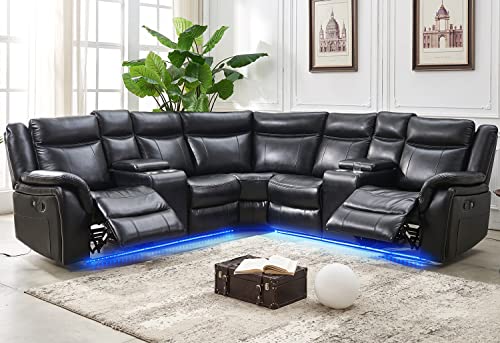 ELIASER Manual Reclining Sectional Sofa with LED Light Recliner Faux Leather L-Shaped Reclining Sectional Couch Recliner Sofa Cup Holder,USB Port,Storage Console,5 Seater for Living Room Black