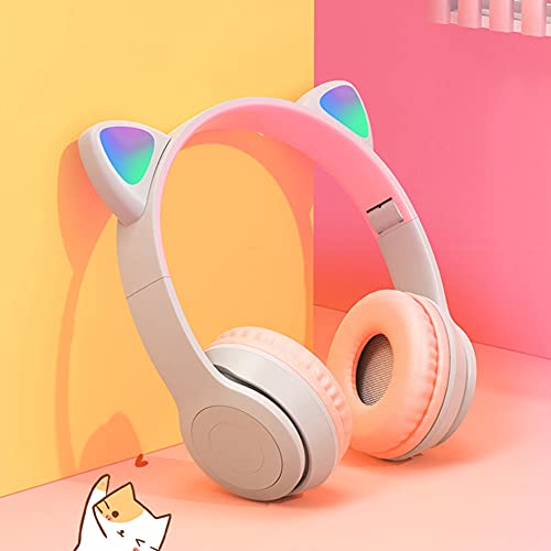 UXELY Cute Cat Ears Light Up Wireless Gaming Headset, Bluetooth 5.0 Headphones with LED Lights, Stretchable, Foldable, Adjustable Gaming Headphones for Kids Adults(Purple)