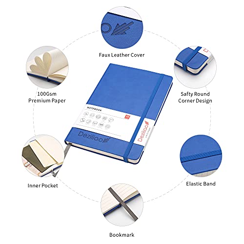 Deziliao Hardcover Notebook Journal 160 Pages, Lined Journal Notebooks for Work, 100Gsm Premium Thick Paper with Pocket, Medium 5.7"x8.4" (Blue, Ruled)
