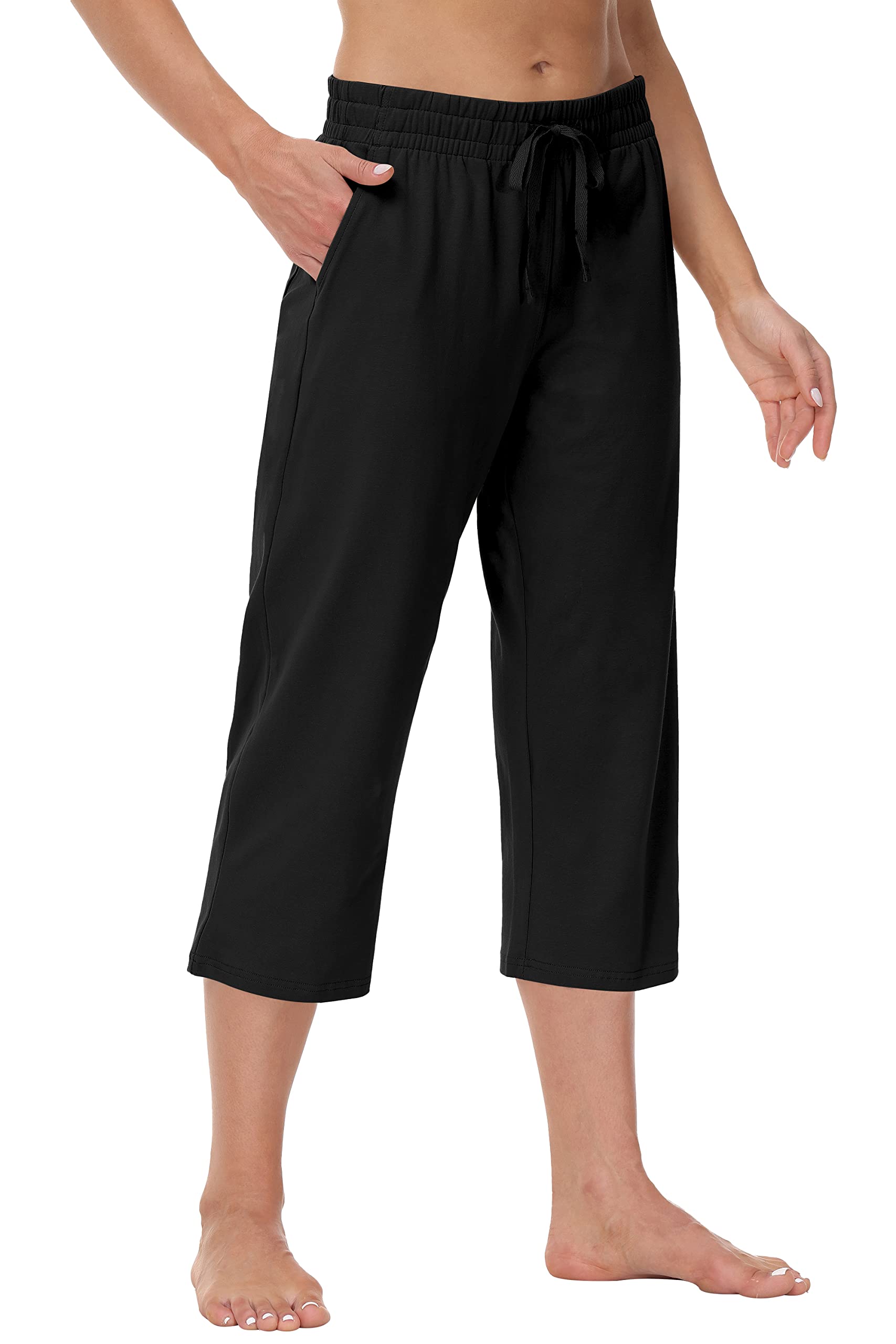Cakulo Womens Capri Pants Wide Leg Yoga Capris Summer High Waisted Casual Lounge Cropped Pants with Pockets Black S
