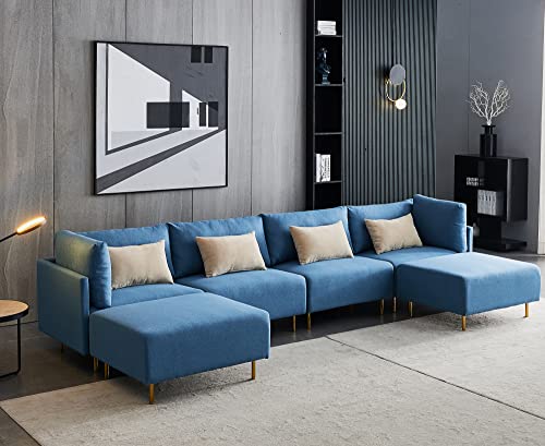 Hommoo Modern Reversible Sectional Sofa Couch for Living Room U Shaped Sectional with 2 Ottomans Comfy Linen Fabric 4 Seat Sofa with Metal Legs Large Modular Sofa Couch with Pillows 143" Blue