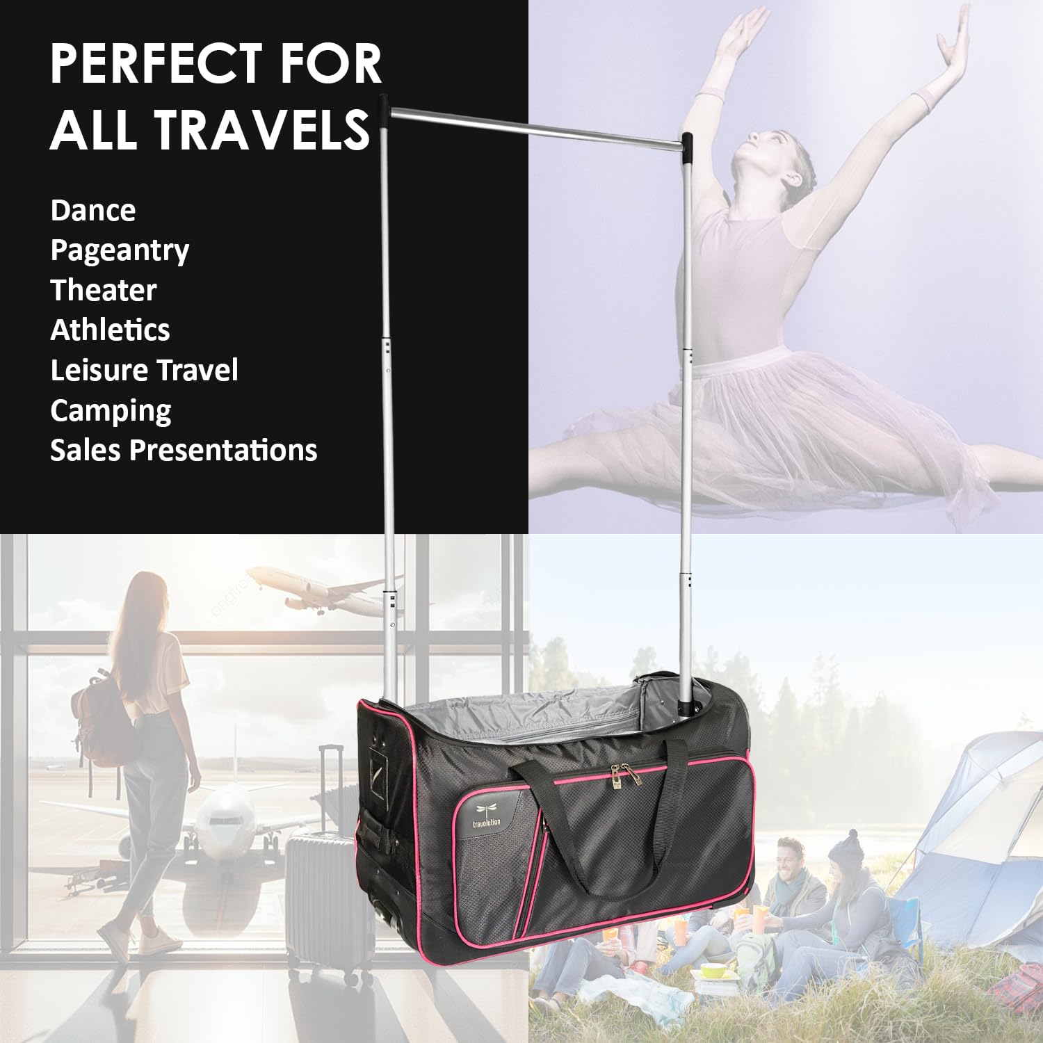 Travolution Dance Bag with Garment Rack, 24 Inch Rolling Duffel With Wheels, Ideal for Competitions & Travel, Easy-assembly Lightweight Aluminum Clothes Rack, Wheeled Upright Luggage, Black/Pink