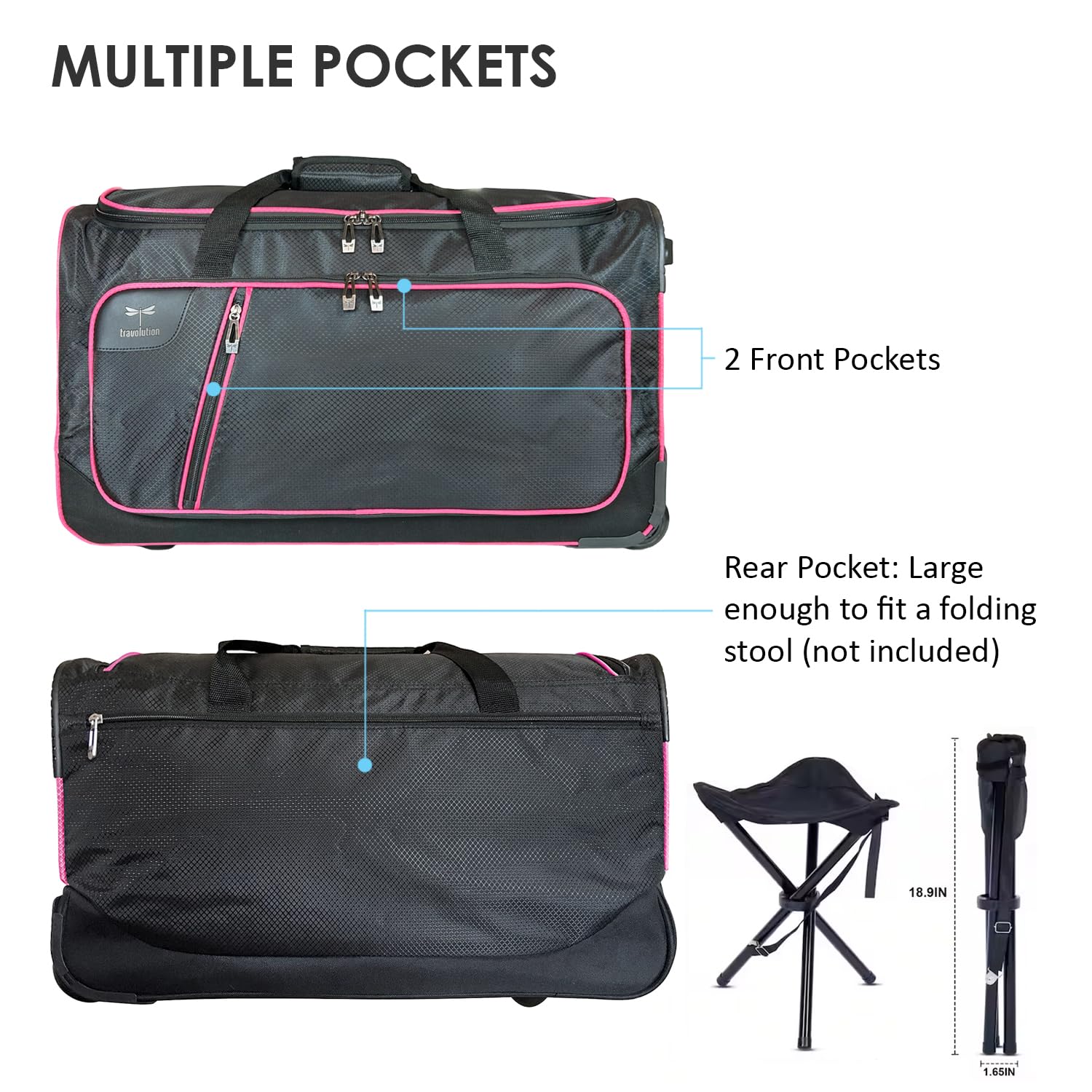 Travolution Dance Bag with Garment Rack, 24 Inch Rolling Duffel With Wheels, Ideal for Competitions & Travel, Easy-assembly Lightweight Aluminum Clothes Rack, Wheeled Upright Luggage, Black/Pink