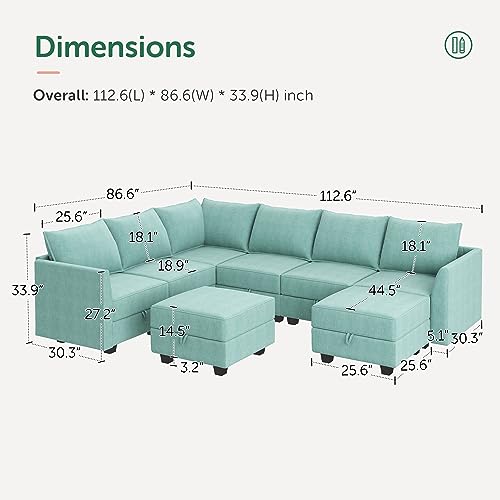 HONBAY Modular Sectional Sofa with Storage Seat Oversized U Shaped Modular Couch with Reversible Chaise Sectional Sleeper Sofa with Ottoman for Living Room, Aqua Blue