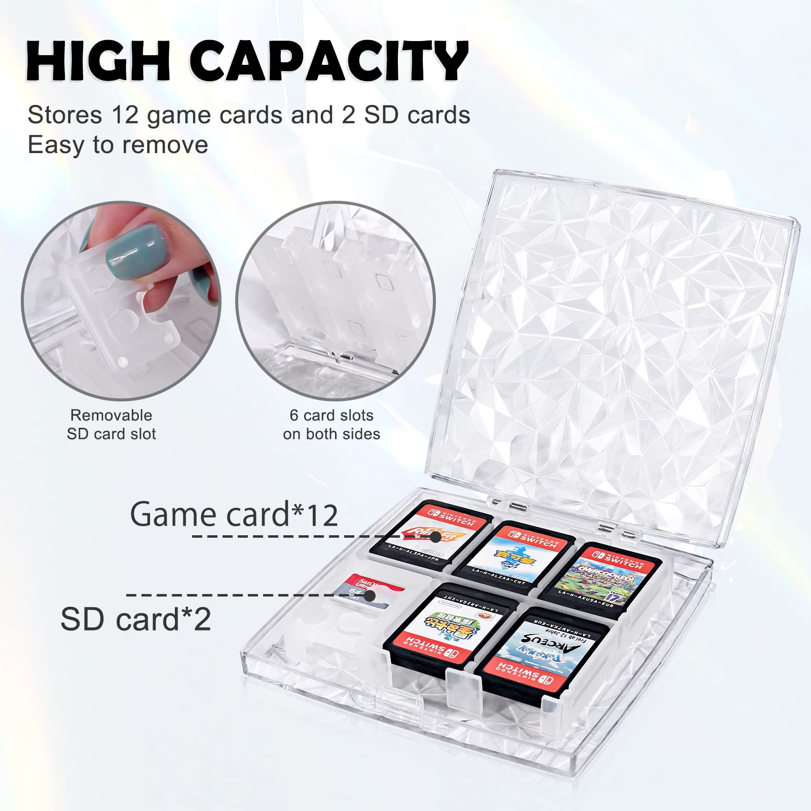 DLseego Clear Crystal Game Card Case For Regular Switch / Lite / OLED, 11 Slots Game Cards Holder 2 SD Card Slots, Sparkle Portable Game Card Storage Cartridge Box with 2PCS Diamond Thumb Grips