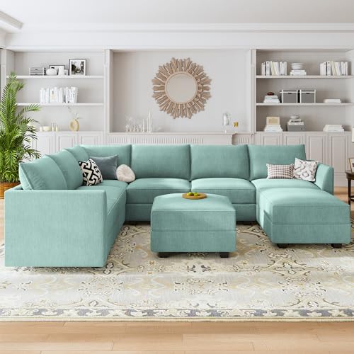HONBAY Modular Sectional Sofa with Storage Seat Oversized U Shaped Modular Couch with Reversible Chaise Sectional Sleeper Sofa with Ottoman for Living Room, Aqua Blue
