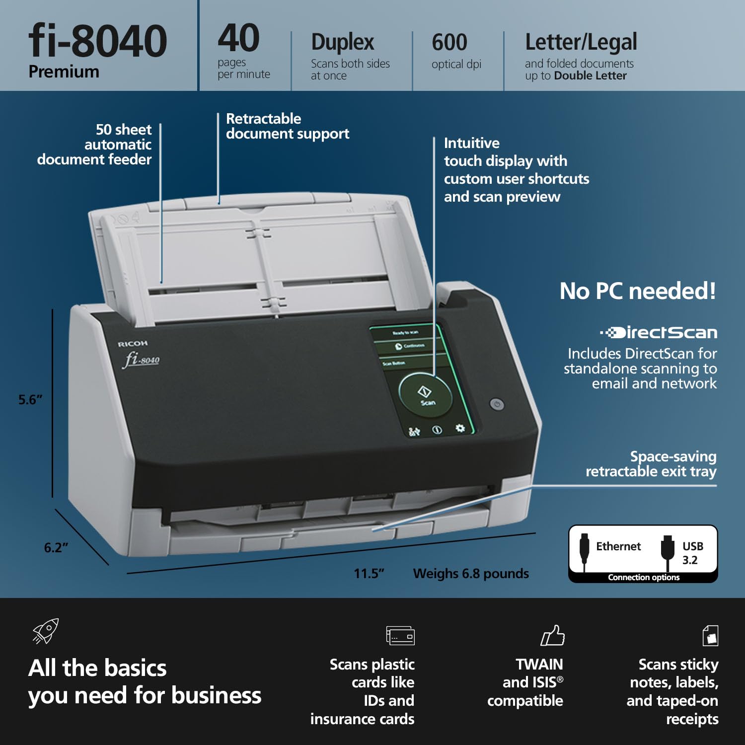 RICOH fi-8040 Premium Fast Front Office & Desktop Document, Receipt, ID Card Scanner with 50 Page Auto Feeder and PC-Less DirectScan Network Scanning Capability with 4-Year Advance Exchange Warranty