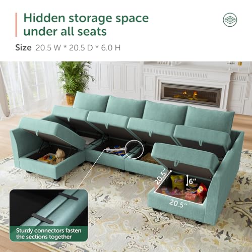 HONBAY Modular Sectional Sofa with Storage Seat Oversized U Shaped Modular Couch with Reversible Chaise Sectional Sleeper Sofa with Ottoman for Living Room, Aqua Blue