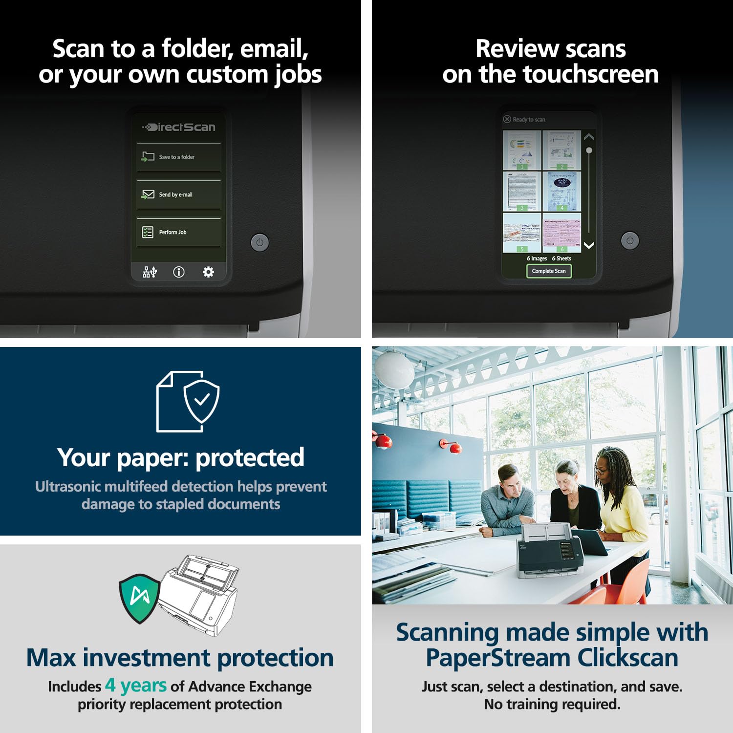 RICOH fi-8040 Premium Fast Front Office & Desktop Document, Receipt, ID Card Scanner with 50 Page Auto Feeder and PC-Less DirectScan Network Scanning Capability with 4-Year Advance Exchange Warranty