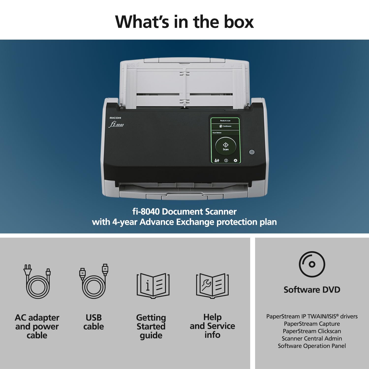 RICOH fi-8040 Premium Fast Front Office & Desktop Document, Receipt, ID Card Scanner with 50 Page Auto Feeder and PC-Less DirectScan Network Scanning Capability with 4-Year Advance Exchange Warranty